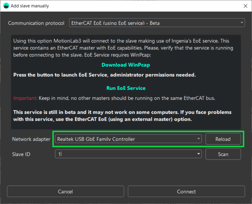 Connect through EtherCAT using the EoE Service