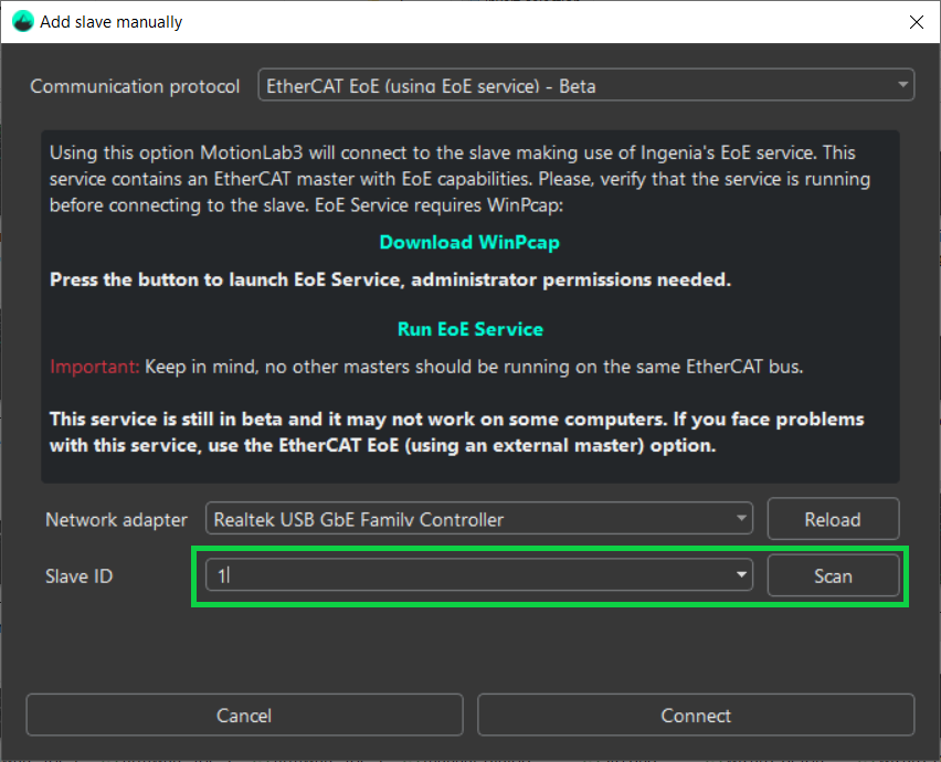Connect through EtherCAT using the EoE Service