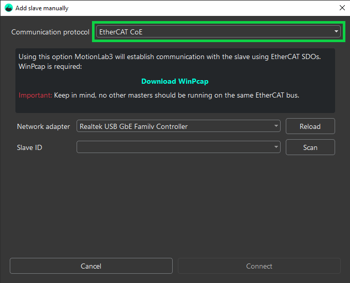 Connect through EtherCAT using CoE